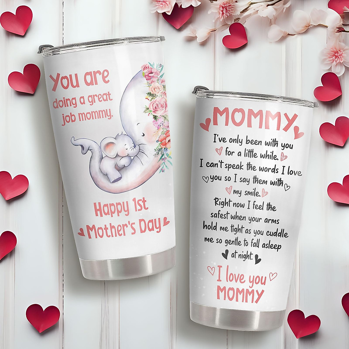 34HD Elephant Mom Tumbler 20oz, Stainless Steel Vacuum Insulated First Mothers Day Mug with Lid, Elephant Gifts for First Time, New, Expecting Mommy, Mother and Child Gifts