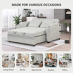 P PURLOVE Upholstered Modern Sofa Bed with Armrest, Convertible Sofa Couch with Adjustable Backrest, Sleeper Bed with 2 Pillows, USB Port, Chenille Pull Out Sofa Bed for Living Room (White Gray)