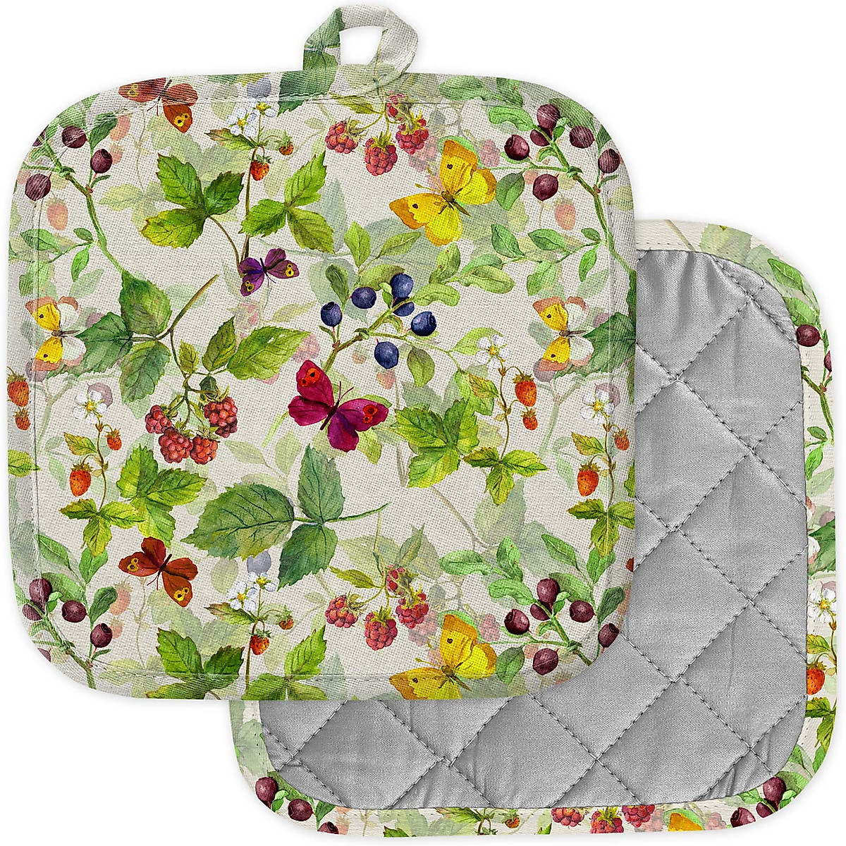 [Pack of 2] Pot Holders for Kitchen, Washable Heat Resistant Pot Holders, Hot Pads, Trivet for Cooking and Baking ( Vegetarian Food Berries Raspberry Strawberry )