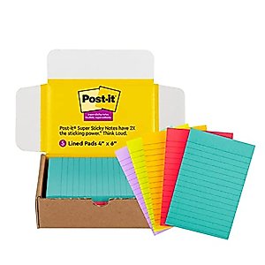 Post-it Super Sticky Notes, 4x6 in, 5 Pads/Pack, 90 Sheets/Pad, Amazon Exclusive Bright Color Collection, Aqua Splash, Acid Lime, Sunnyside, Guava and Iris Infusion