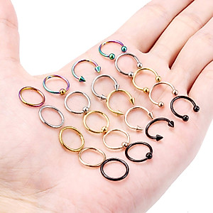 Lcolyoli 20Pcs 16G Surgical Steel Septum Piercing Nose Hoop Clicker Ring Lip Labret Conch Helix Cartilage Earring Hoop Jewelry for Women Men Horseshoe Silver-tone Black Rainbow 10mm 3/8inch