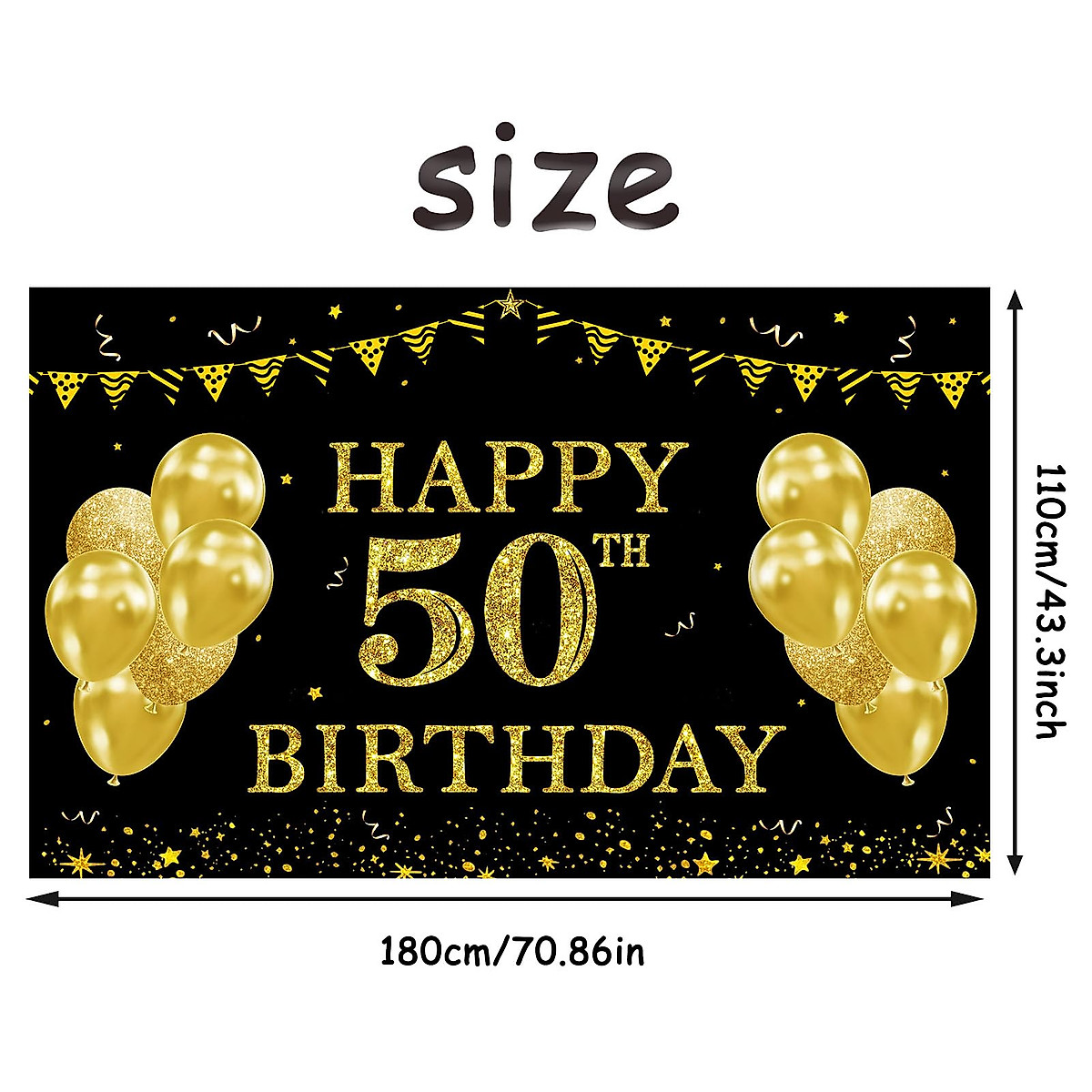 DARUNAXY Black Gold 50th Birthday Party Decorations, Happy 50th Birthday Banner Backdrop for Men Cheers to 50 Year Old Birthday Party Supplies, 6x3.6ft 50 Birthday Photography Background for Women