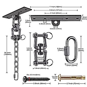 Dolibest Hanging Kits Hammock Chair Hardware, Heavy Duty Swing Hanger with Chain for Indoor Outdoor Playground Hanging Hammock Chair Punching Bags, 4 Screws, 600 LB Capacity, 3.28ft, 360° Rotation