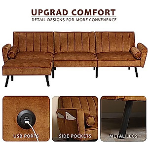 DURASPACE Velvet Sectional Convertible Sofa with Chaise, 107" L Shape Sectional Sofa Couch with USB, Split Back Folding Futon Couch for Living Room (Caramel Brown)