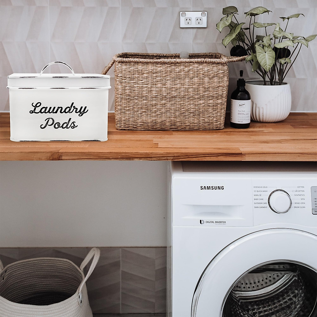 AuldHome Enamelware Laundry Pod Holder; Rustic White Laundry Pod Storage Container