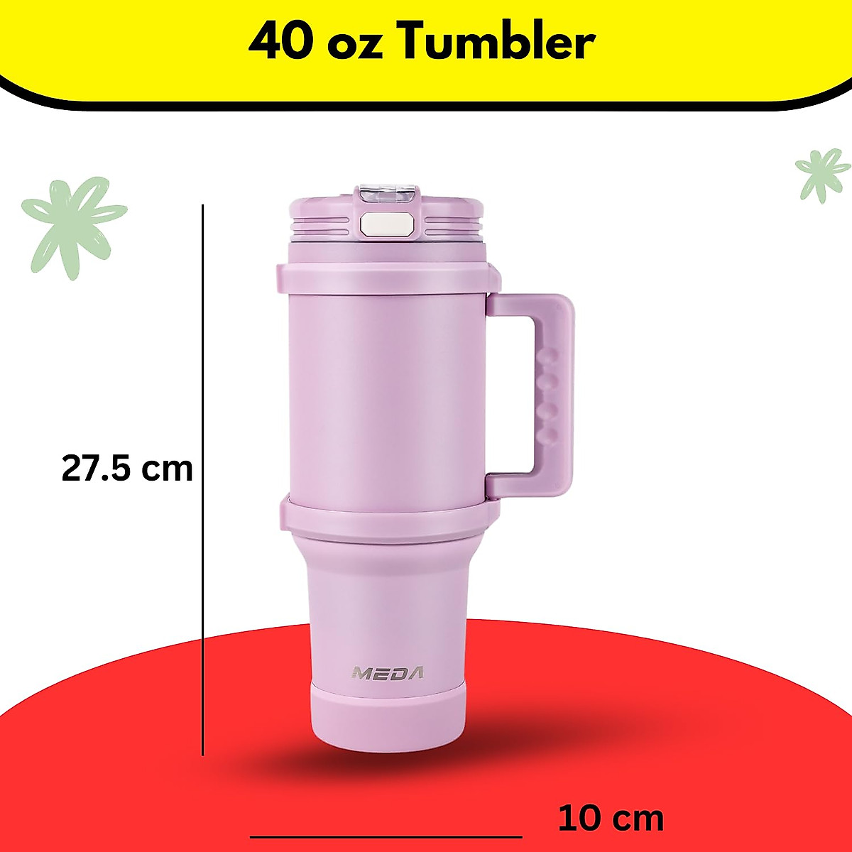 MEDA 40 oz Tumbler with Handle (Foldable) – Insulated, Reusable Stainless Steel Travel Coffee Mug – Perfect for Travel, Water, Iced Tea, Coffee – Ideal Easter Gift (Lilac)