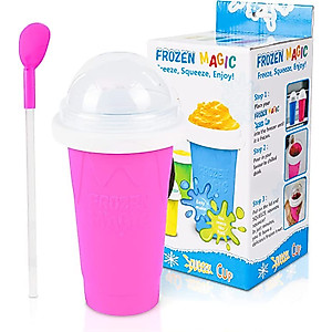 Slushie maker cup, Homemade Squeeze Icy Cup, Quick Frozen Magic Cup Slushy With Lids And Straws For Kids & Adults (Pink) blue,green and pink 17cmx8.3cm