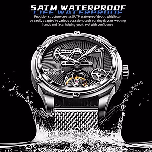PINDU Automatic Watches for Men, Self-Designed and Modified 8215 Movement Oil Well Digging Design 50M Waterproof Analogue Watches Mens Unique Cool Mechanical Watch (Black Dial Silver Mesh Strap)