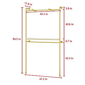 FURVOKIA Creative Wall Mounted 2 Tier Clothes Display Rack,Clothing Retail Store Floor-Standing Garment Rack,Organization Clothing Metal Hanging Rod,Storage Shoes Bags Shelf (47.2" L, Gold with Wood)