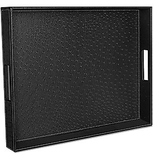 Ranslen Serving Tray with Handles, 20 x 16 Inch Rectangular Leather Tray for Coffee Table, Breakfast, Kitchen Home Black Tray Decor Extra Large