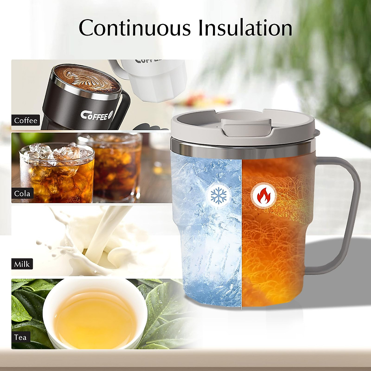 Colawind 13oz Travel Mug, Reusable Coffee Cups with Flip Top Lids, Stainless Steel Coffee Tumbler with handle, 400ml White Drink Cup for Iced Tea, Coffee, Water