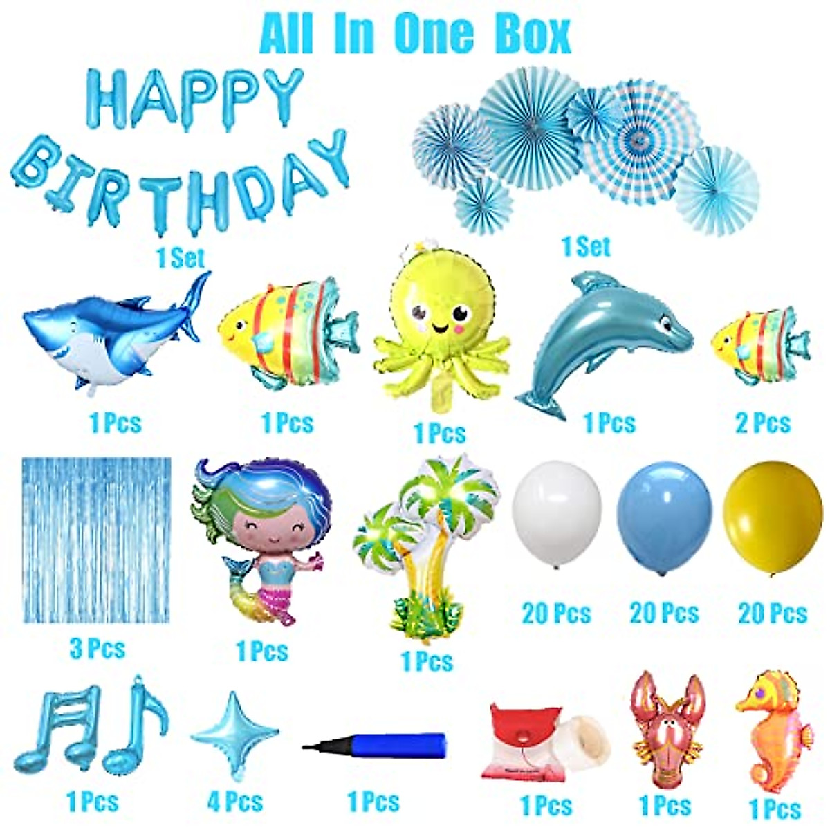 GoGoGoodie Ocean Theme Birthday Party Decorations Shark Birthday Decorations for Boys - Under the Sea Party Include Sea Animal Balloons birthday Banner Navy Blue Hanging Paper Fans Latex Balloons