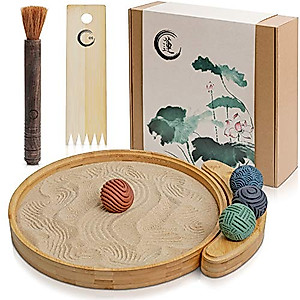 ENSO - Japanese Zen Garden Kit for Desk - Sand Garden Tools and Accessories Box Set for Office Desktop - 12” Large Round Bamboo Tray, 4 Stamp Spheres, Natural Sand, Rake - Mini Zen Decor Gifts