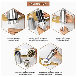 Premium Gravity Electric Salt and Pepper Grinder Set of 2, Automatic One Hand Pepper Mills with LED Light, Automatic Pepper and Salt Mill Grinder Battery-Operated with Adjustable Coarseness