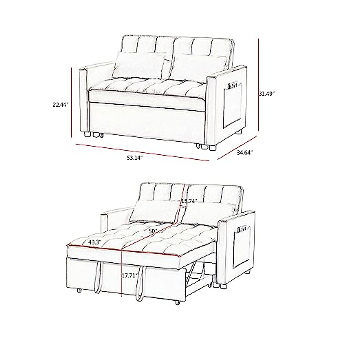 YUNLife&Home Modern Upholstered Futon Loveseat Sofa Convertible to Sleeper Sofá Bed,Love Chaise Lounge Couch Chair 2-Seat with Adjustable Backrest,Side Pockets&Lumbar Pillows for Living Room