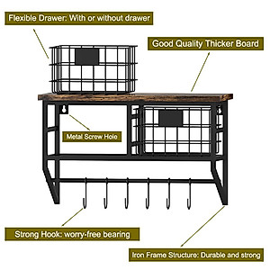 Helsin Industrial Wall Mounted Metal Wood Floating Shelves with Baskets Hooks Hanging Display Shelf Sundries Holder for Coffee Bar Kitchen Bathroom Organization and Home Decor, Black (16inch, 1 Set)
