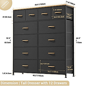 YILQQPER Dresser for Bedroom with 12 Drawers, Large Tall Dresser for Closet, Living Room, Nursery, Dorm, Chest of Drawers with Fabric Bins, Leather Front, Wooden Top, Metal Handle (Cyan)