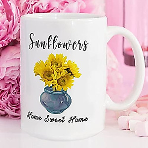 Home Sweet Home Tea Mug Welcome Tea Cup Sunflower Cup Floral White Porcelain Coffee Cup 15oz Gift for Women Men Mom Dad Teacher Friends Coworkers Employee Human Resources