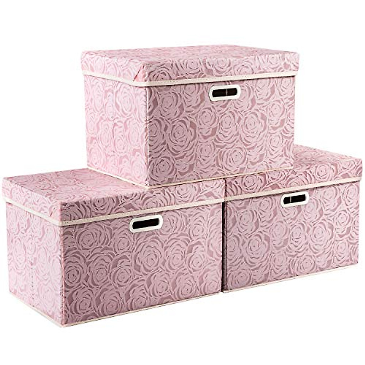 PRANDOM Larger Collapsible Storage Boxes with Lids Fabric Decorative Storage Bins Cubes Organizer Containers Baskets with Handles Divider for Bedroom Closet Living Room Pink 17.7x11.8x11.8 Inch 3 Pack