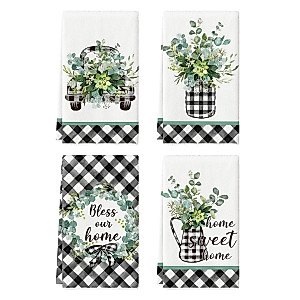 Artoid Mode Buffalo Plaid Eucalyptus Home Sweet Home Kitchen Towels Dish Towels, 18x26 Inch Seasonal Decoration Hand Towels Set of 4