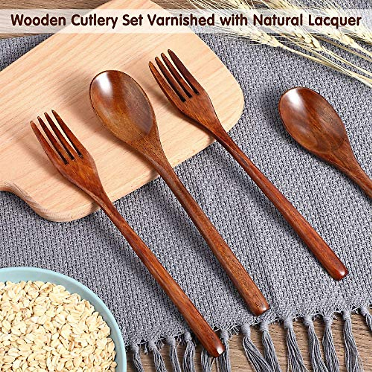 New Wooden Spoons Forks Set Including Wooden Spoons and Wooden Forks Japanese Wooden Utensil Set Reusable Handmade Natural Wood Flatware Set for Cooking Stirring Eating (10)