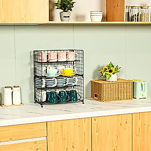 Mug Rack Cup Holder Rack - 4 Tier Stackable Water Bottle Holder Storage for Cabinet Countertop Cupboard Pantry Organization Shelf & Coffee Cup Holder Wall Mounted, Metal Black