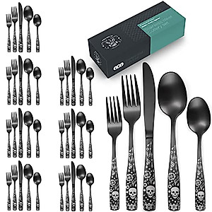 OIULO Pattern Matte Silverware Set for 8,40-Piece Gothic Matte Black Flatware set,Unique Pattern Design,Satin Finish Cutlery for 8,Halloween Skull Tableware Utensils for Kitchen Square