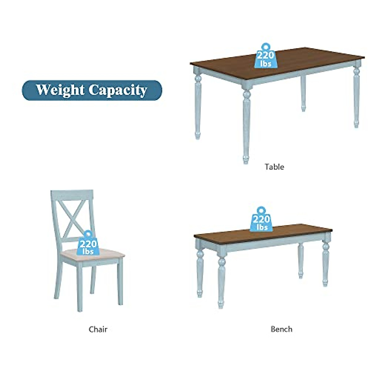 Harper & Bright Designs 6 Pieces Dining Table Set, Kitchen Table Set with Wood Dining Table, Bench and 4 Padded Dining Chairs, Walnut Top+ Light Blue Frame+Beige Seat