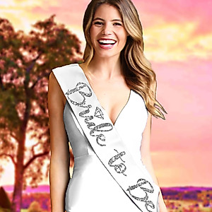 Bride To Be Sash White - Premium BRIDAL GRADE SATIN Silver Sparkle Diamond Bride To Be BRIDAL GRADE Satin Sash - White Sash(SlvDiaB2B)