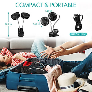 ASKPULION Portable Clip on Fan, Dual Heads Battery Operated Fan, 4000mAh Rechargeable Desk Fan with Flexible Gooseneck for Travel Camping RV Home Office