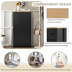 Shoe Storage Cabinet with 2 Flip Drawers, Narrow Shoe Cabinet for Entryway Slim with Wood Grain Top, Wall Hidden Shoe Organizer Cabinet with Adjustable Shelves for Entryway, Hallway, Black