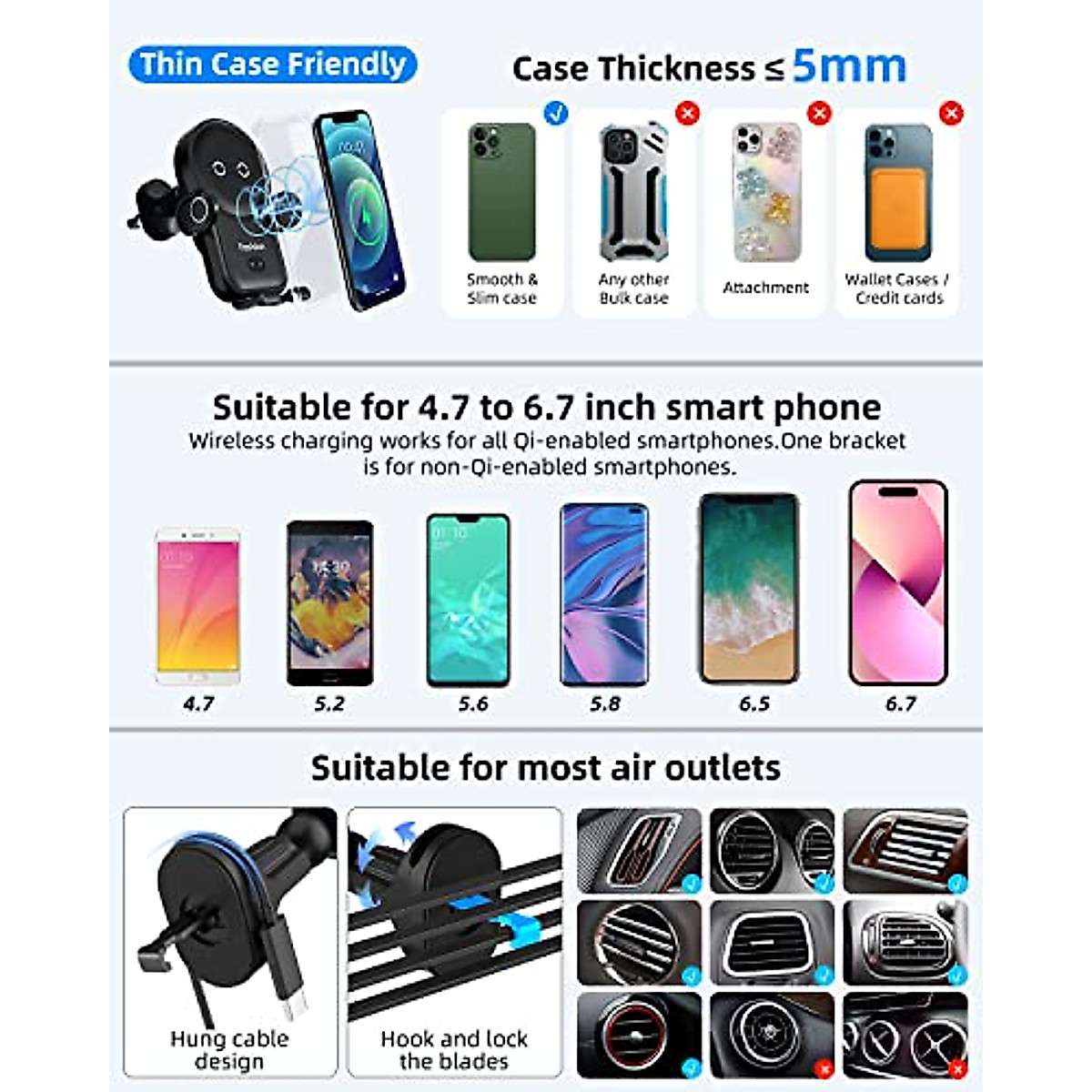 Wireless Car Charger iPhone with Vent Clip,15W Fast Charging Kharly Car Phone Charger Holder,Smart Sensor Auto-Clamping Fashion Phone Holder Mount for Car for iPhone 14 Pro/13 Samsung etc