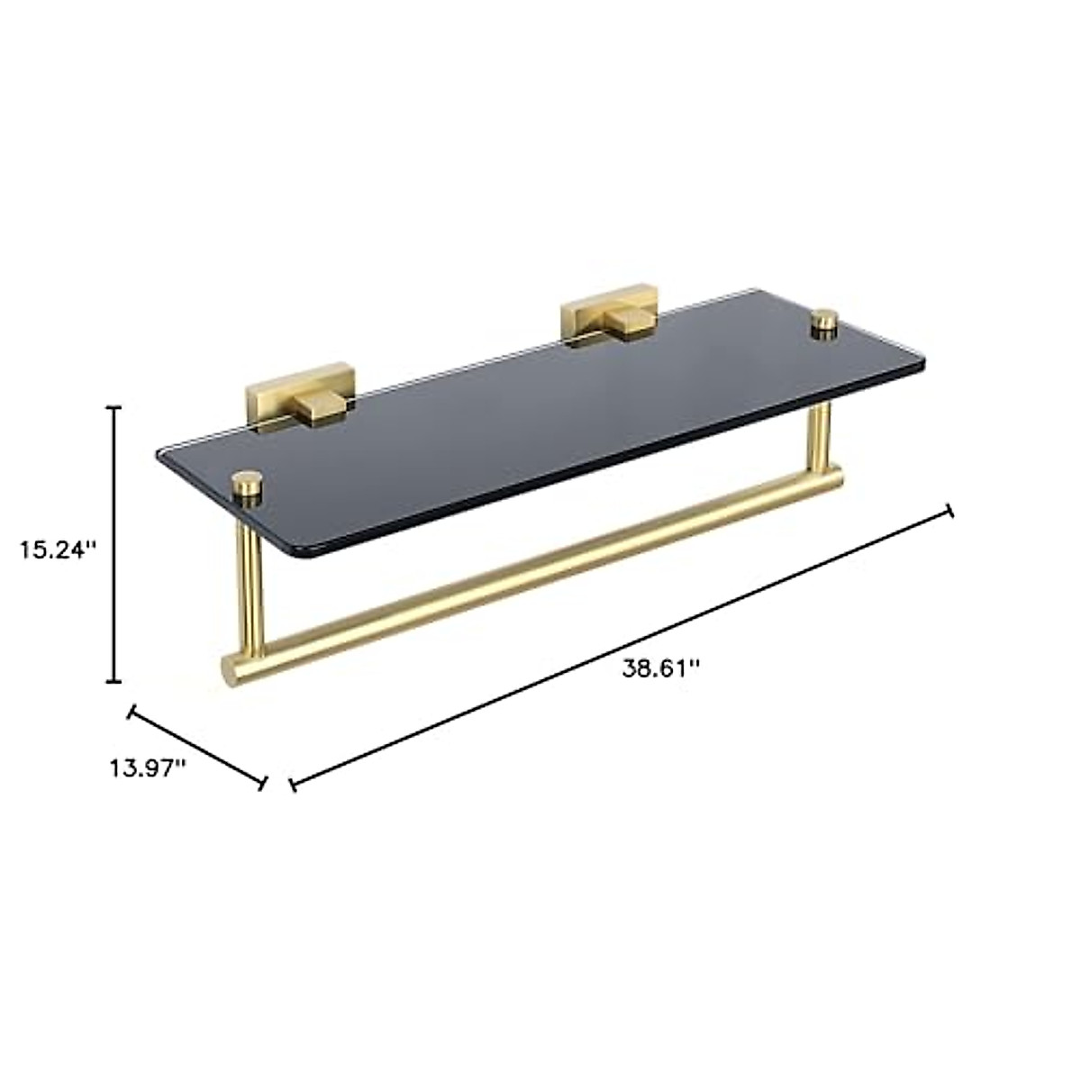 Alise Bathroom Shelves Glass Shelf with Bar,Wall Mount Floating Shelves for Bathroom,1 Tier Tempered Glass Holder Storage Organizer,SUS304 Stainless Steel Gold and Black