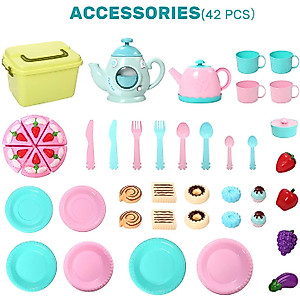 CUTE STONE Toy Tea Set for Little Girls, Kids Tea Party Set Includes Kettle with Light & Music, Teapot, Dessert, Cookies, Play Tea Party Accessories & Carrying Case, Kitchen Pretend Play for Kids