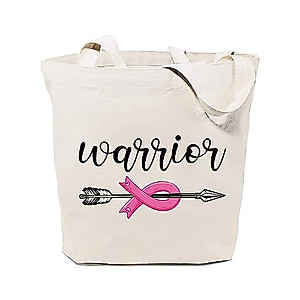 GXVUIS Breast Cancer Warrior Canvas Tote Bag for Women Pink Ribbon Graphic Reusable Grocery Shoulder Shopping Bag Girls Gift White