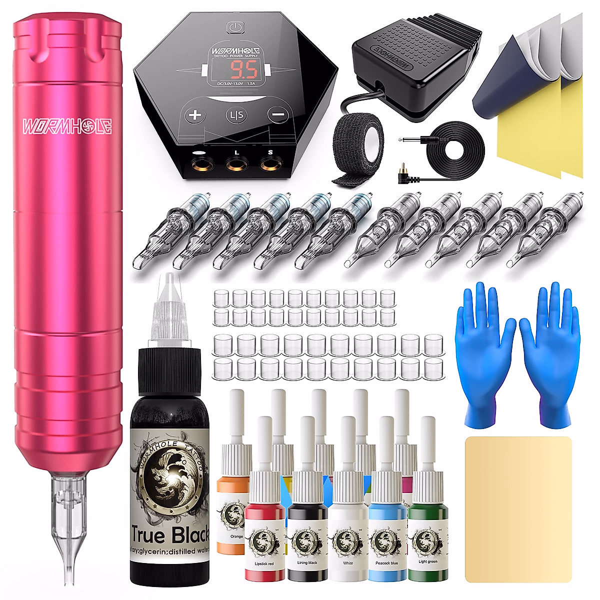 Tattoo Kit, Wormhole Tattoo Machine Kit Tattoo Gun Kit Cartridge Needles Tattoo Pen Kit for Beginners Rotary Tattoo Machine Pen Kit Complete Tattoo Kit Tattoo Supplies WTK104