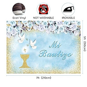 7x5ft Mi Bautizo Backdrop for Boy Baptism Gold Bless Background Blue Flower Golden Dots Photography Baby Shower Banner Party Decorations Floral Newborn Baby Shower Photo Booth Props