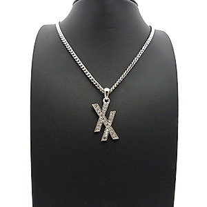 NYFASHION101 Stone Stud Double X Pendant w/ 3mm 24" Cuban Chain Necklace, Silver-Tone