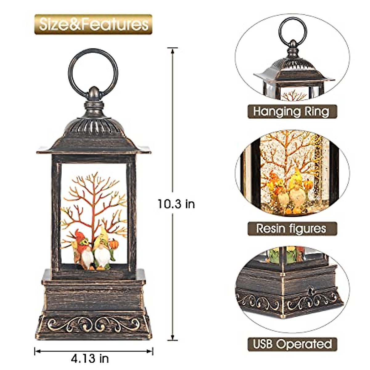 Gnome Snow Globe Fall Decorations for Home, Thanksgiving Glittering Lighted Lantern Autumn Decor