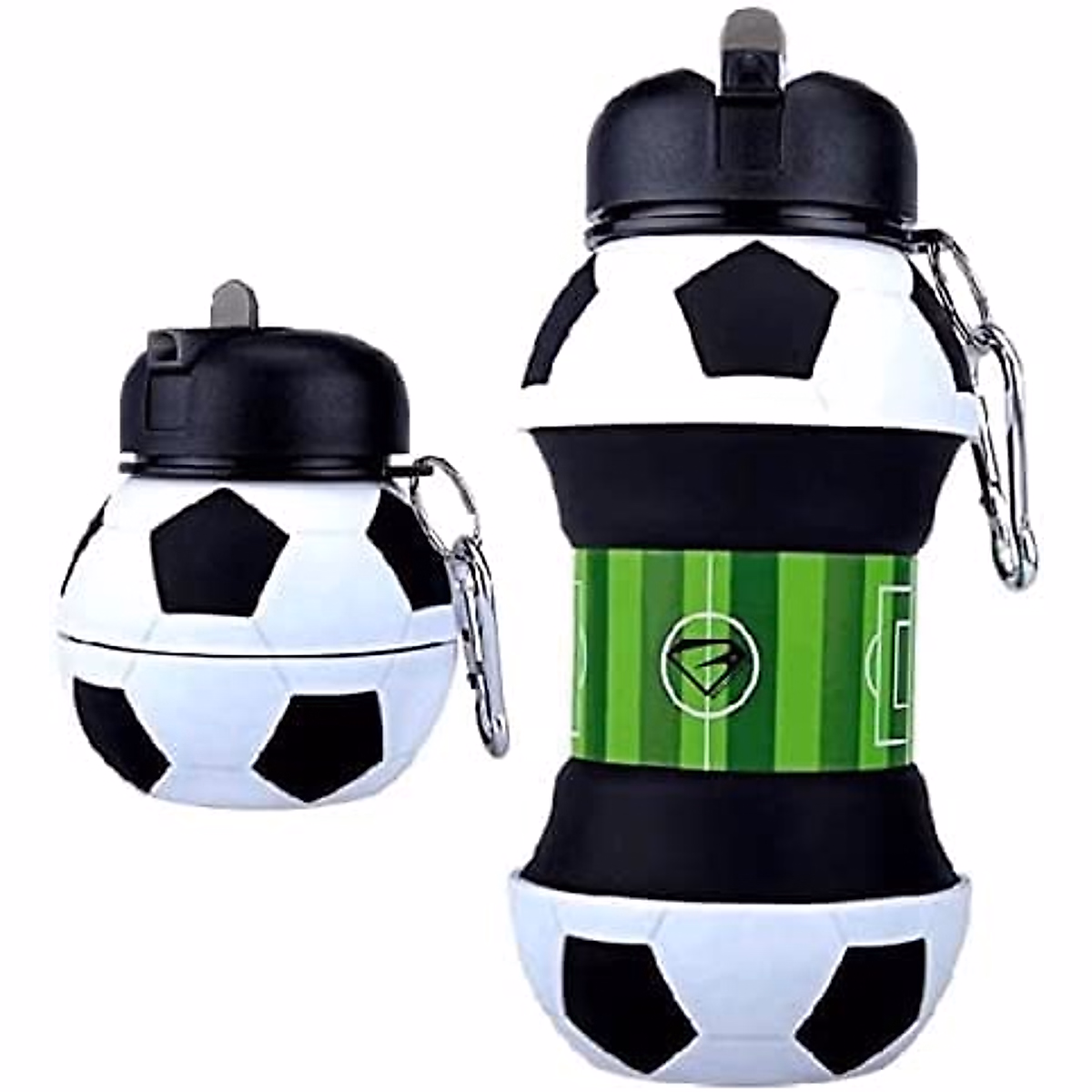 Louis Donné 12.4 x 10.3 x 9.7 cm folding silicon Soccer Water Bottle 100 percent food grade Collapsible Soccer Toddler Water Bottle with Carabiner for School outdoor Birthday Gifts for Boys and Girls