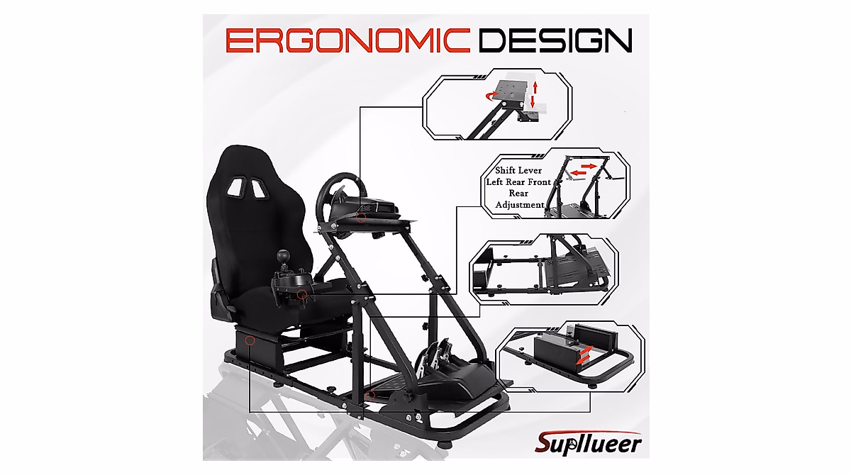 Supllueer Sim Racing Cockpit Black Racing Seat Wheel Stand with 2 Arms ...