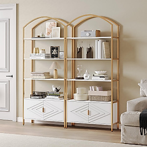 ONBRILL 5 Tier Bookshelf, 71 Inch Tall Arched Metal Bookcase with Storage Cabinet, Modern Industrial Organizer Bookshelves, Display Rack for Bedroom Living Room Home Office, Easy Assembly, Gold