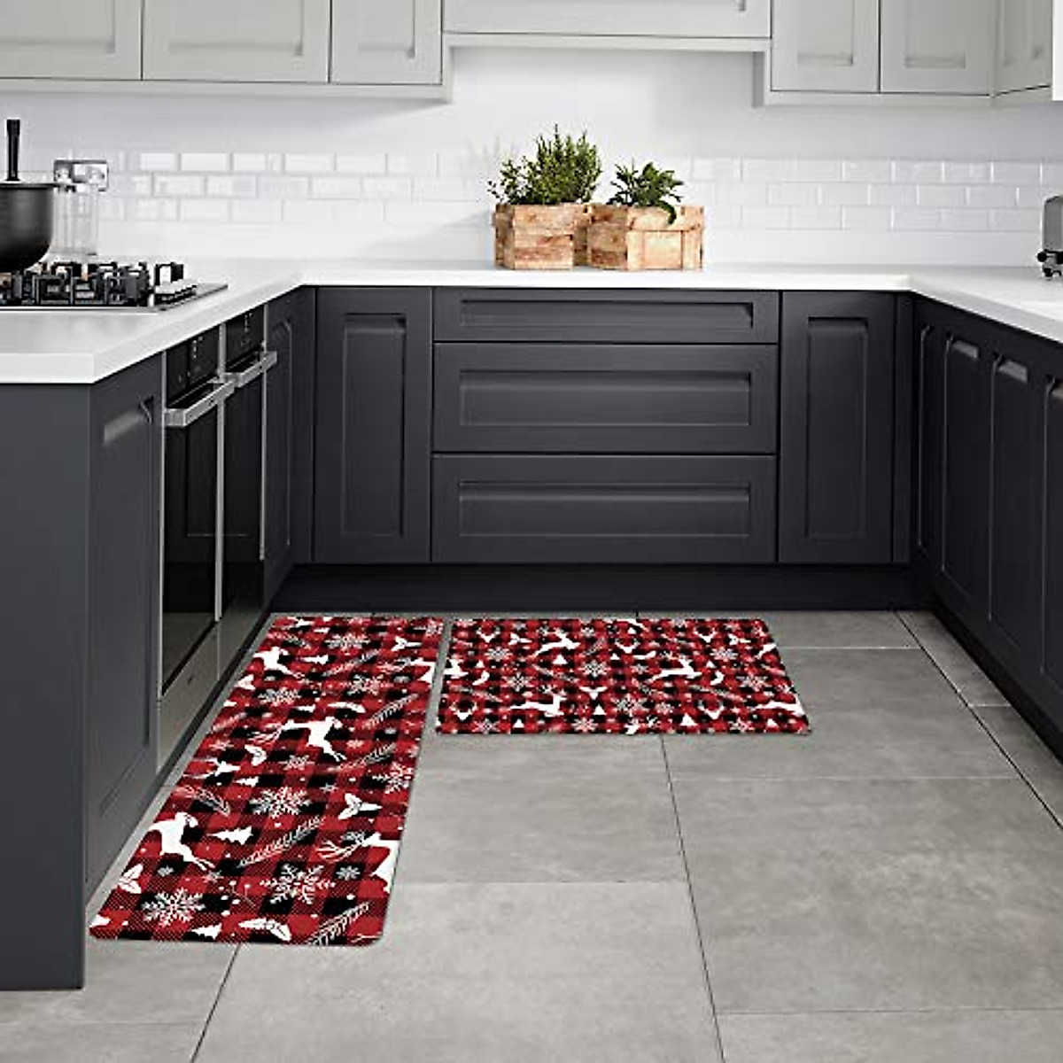 Libaoge Kitchen Mat Rug Set of 2 Christmas Elk Gift Snowflake Buffalo Red Black Plaid Runner Rug Anti-Fatigue Comfort Memory Foam Standing Mat Non-Slip Floor Door Mat for Bathroom 18x30in+18x60in