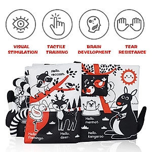 OKOOKO Soft Baby Book Black and White High Contrast Animals Tails Book Bath Book Montessori Sensory Stroller Toy Non-Toxic Crinkle Washable Early Education for Baby Infant Toddler