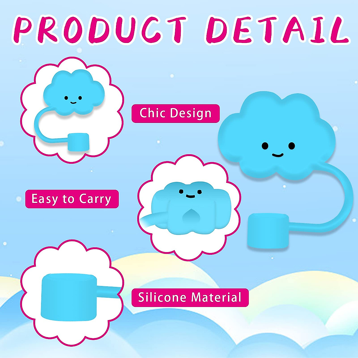 Silicone Straw Tips Cover 6 Pack Reusable Cloud Shape Straw Covers Protector Cute Straw Plugs Drinking Straw Tips Lids Anti-dust Silicone Straw Caps for 6-8 mm Straws (White Cloud style)