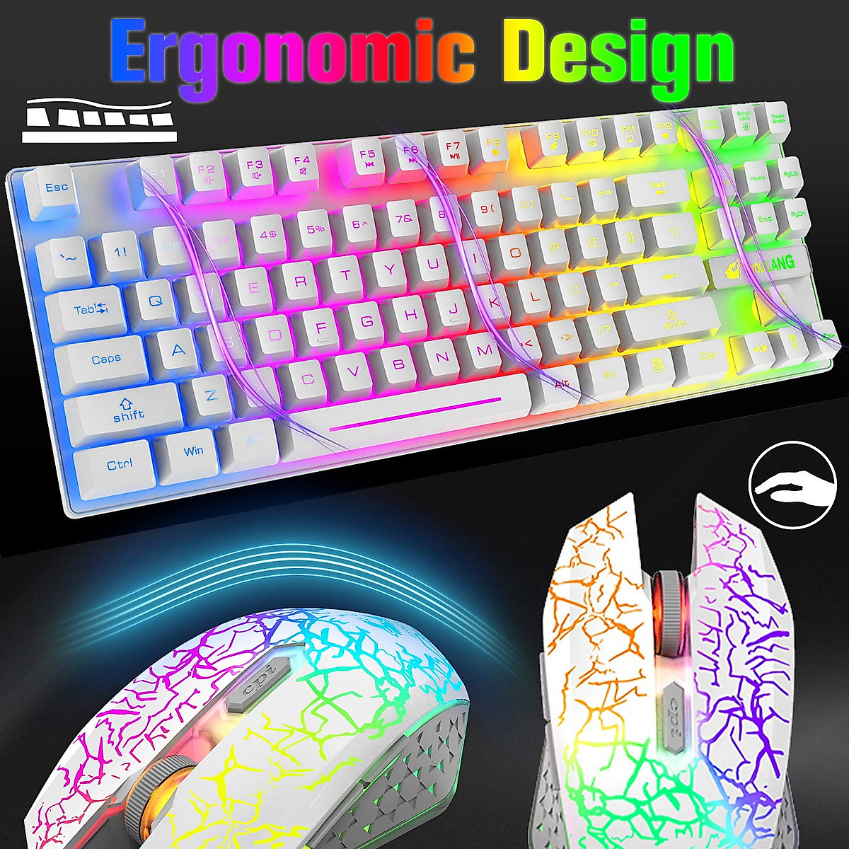 LexonElec Wireless RGB Backlit Gaming Keyboard Mouse Combo,Rechargeable 3800mAh Battery, 87-Key Mechanical Feel Keyboard, Quiet Mouse and Mouse Pad for Gamers and Office Typists(White)