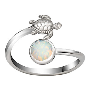 Aloha Jewelry Sterling Silver Created Opal Turtle and Moon Adjustable Easy Resize Wrap Around Bypass Ring Eternity Band (White, 4 - 7)