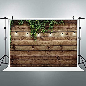Riyidecor Vintage Wooden Board Backdrop 8Wx6H Feet Green Leaves on Brown Wood Plank Lights Rustic Anniversary Baby Shower Birthday Party Photography Background Banners Decor Props Photo Shoot Fabric