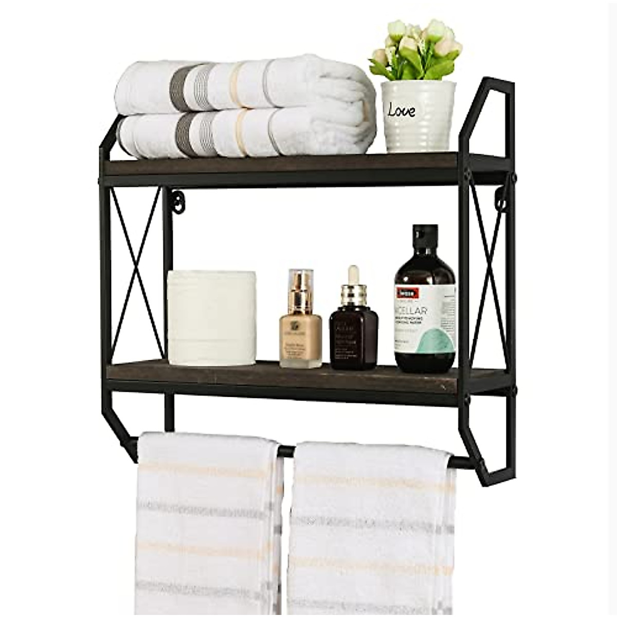 Abyssfish 2 Tier Metal Industrial Bathroom Shelves with Towel Bar Floating Storage Organizer Shelves Rustic Wall Mounted Shelves Over Toilet Towel Rack for Bathroom, Bedroom, Kitchen