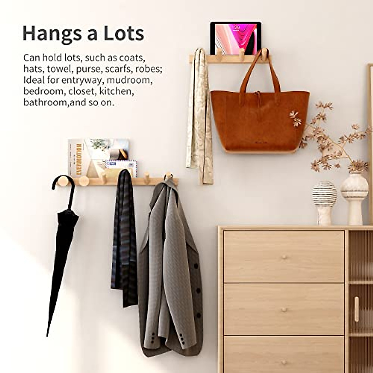 DRKUN Wood Coat Hook 15 Inch Wall Mounted Coat Rack Decorate 4 Hooks, Rubber Wood Hook for Clothes Hat Towel Robe